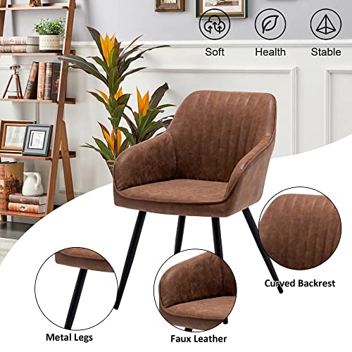 annjoe Faux Leather Accent Chair Arm Chairs Living Room Chairs Leisures Chair Upholstered Chair with Metal Legs Set of 2 for Home Kitchen Office Bistro Cafe, Brown