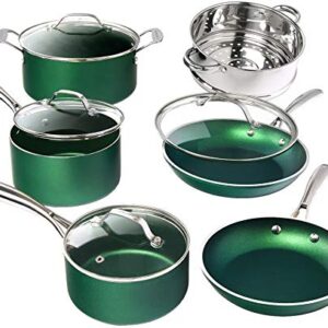 Granitestone Diamond Granite Stone Classic Emerald Pots and Pans Set with Ultra Nonstick Durable Mineral & Diamond Tripple Coated Surface, Stainless Steel Stay Cool Handles, 10 Piece Cookware, Green…