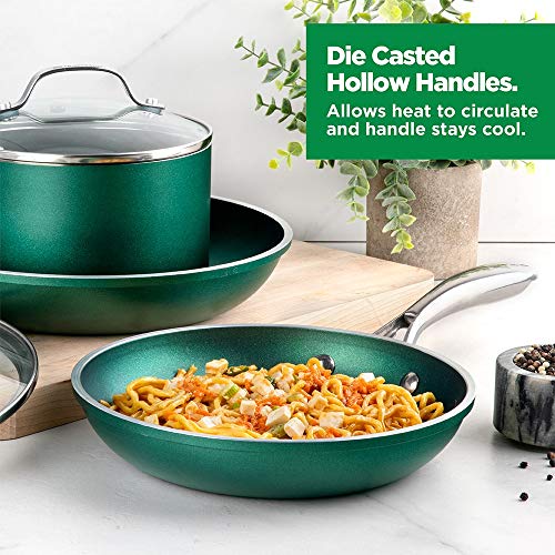 Granitestone Diamond Granite Stone Classic Emerald Pots and Pans Set with Ultra Nonstick Durable Mineral & Diamond Tripple Coated Surface, Stainless Steel Stay Cool Handles, 10 Piece Cookware, Green…