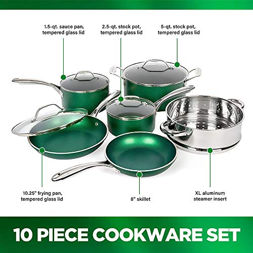 Granitestone Diamond Granite Stone Classic Emerald Pots and Pans Set with Ultra Nonstick Durable Mineral & Diamond Tripple Coated Surface, Stainless Steel Stay Cool Handles, 10 Piece Cookware, Green…