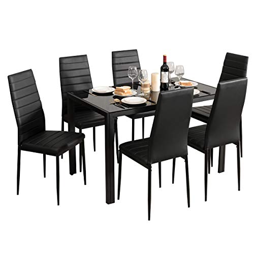 Giantex Kitchen Dining Table Set, Glass Tabletop Dining Room Set with Leather Padded 6 Chairs, Rectangular Modern Metal Frame Table for Dining Room, Kitchen, Dinette, Compact Space, Black