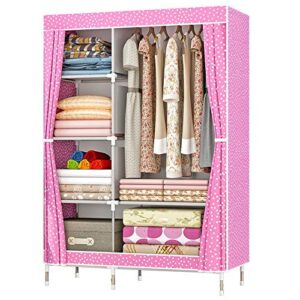 zzbiqs clothing closet wardrobe, portable non-woven fabric garment clothes wardrobe storage organizer shelf rack, diy armoire storage with hanging rod(pink, dots)