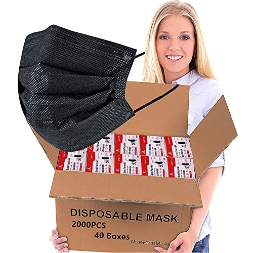 2000PCS Wholesale Bulk Disposable Face Masks, Non Woven Thick 3-Layers Masks Breathable Face Mask for Adults (2000Pcs Black Disposabl Masks)