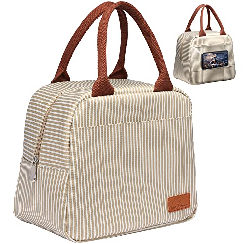 Lunch Bag, Bageri Insulated Lunch Box for Women Men Soft Cooler Tote with Clear Side Pocket Leakproof Liner(Khaki White Stripe)