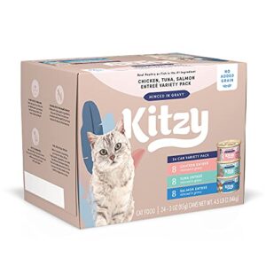 amazon brand - kitzy wet cat food, variety pack (chicken,tuna & salmon), poultry & seafood cuts in gravy, grain free, 3 oz (24 pack)