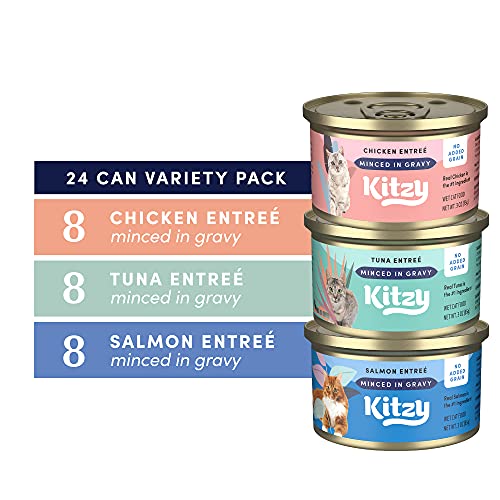 Amazon Brand - Kitzy Wet Cat Food, Variety Pack (Chicken,Tuna & Salmon), Poultry & Seafood cuts in Gravy, Grain Free, 3 Oz (24 pack)