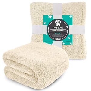 PetAmi Fluffy Waterproof Dog Blanket for Small Medium Dogs, Soft Warm Pet Sherpa Throw Pee Proof Couch Cover, Reversible Cat Puppy Bed Blanket Sofa Protector, Plush Washable Pad (Beige Cream, 29x40)