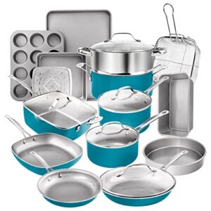 gotham steel aqua blue 20 piece pots & pans set, nonstick ceramic cookware set + bakeware set - frying pans, stock pots, deep fry pan, cookie sheet & baking pans, stay cool handles, 100% pfoa free