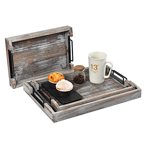 VERGOODR Country Rustic Torched Wood Nesting Breakfast Serving Trays with Handles, Set of 3 (Torched Wood)