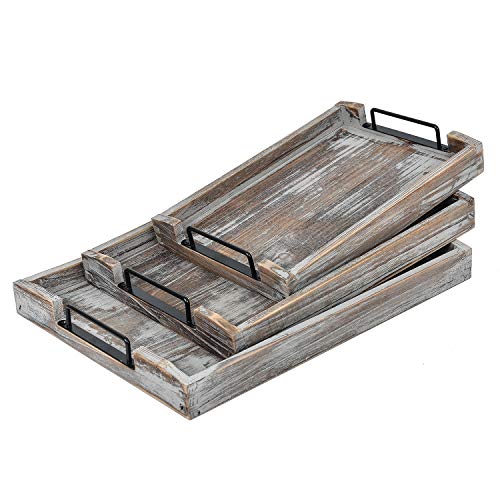 VERGOODR Country Rustic Torched Wood Nesting Breakfast Serving Trays with Handles, Set of 3 (Torched Wood)