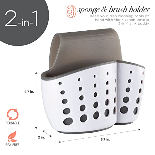 Kitchen Details 2-in-1 Sponge & Brush Holder | Space Saving | Adjustable Over The Sink | Kitchen Organization | Self-Draining | Dish Sponge | Grey and White