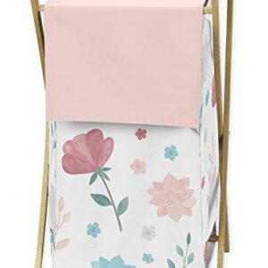 Sweet Jojo Designs Floral Rose Flowers Baby Kid Clothes Laundry Hamper - Blush Pink Teal Turquoise Aqua Blue Grey Pop Flower Boho Shabby Chic Modern Colorful Watercolor Roses Leaf Daisy Tulip