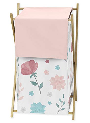 Sweet Jojo Designs Floral Rose Flowers Baby Kid Clothes Laundry Hamper - Blush Pink Teal Turquoise Aqua Blue Grey Pop Flower Boho Shabby Chic Modern Colorful Watercolor Roses Leaf Daisy Tulip