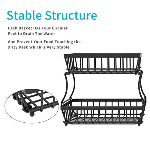 Apsan 2 Tier Countertop Fruit Basket Bowl for Kitchen, Bread Vegetable Fruit Basket Bowl Stand Detachable Metal Rectangular Wire Basket, Black Medium