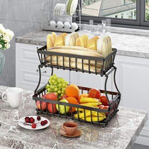 Apsan 2 Tier Countertop Fruit Basket Bowl for Kitchen, Bread Vegetable Fruit Basket Bowl Stand Detachable Metal Rectangular Wire Basket, Black Medium