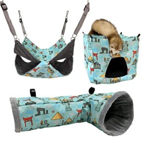 ferret hammock set for cage cage accessories 3 style,double hammock or square house and tunnel bed for guinea pig (teal)