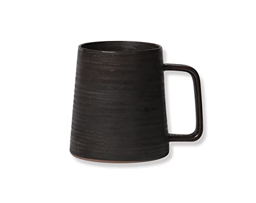 globe faith Large Handmade Pottery Coffee Mug, Unique Matte Metallic Antracite Ceramic Coffee Cup, Annular Texture Big Handle Clay Tea Mug for Home, Office or Gifts, Microwave & Dishwasher Safe,16 oz