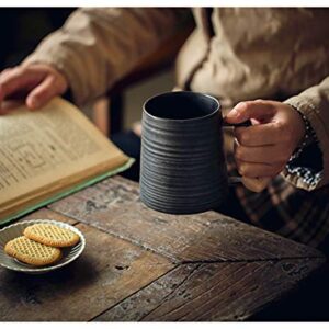 globe faith Large Handmade Pottery Coffee Mug, Unique Matte Metallic Antracite Ceramic Coffee Cup, Annular Texture Big Handle Clay Tea Mug for Home, Office or Gifts, Microwave & Dishwasher Safe,16 oz