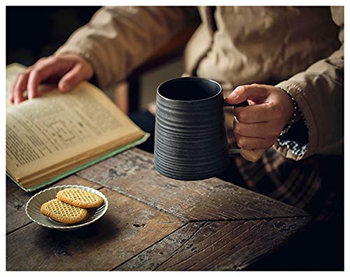 globe faith Large Handmade Pottery Coffee Mug, Unique Matte Metallic Antracite Ceramic Coffee Cup, Annular Texture Big Handle Clay Tea Mug for Home, Office or Gifts, Microwave & Dishwasher Safe,16 oz