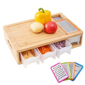 worthyeah smart cutting board - bamboo cutting board with containers, wood cutting boards with 4 trays/storage with lids & 4 graters, food prep deck large tank chopping cutting boards for kitchen