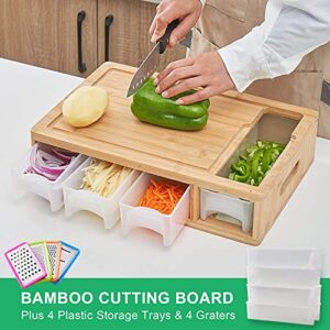 WORTHYEAH Smart Cutting Board - Bamboo Cutting Board with Containers, Wood Cutting Boards with 4 Trays/Storage with Lids & 4 Graters, Food Prep Deck Large Tank Chopping Cutting Boards for Kitchen