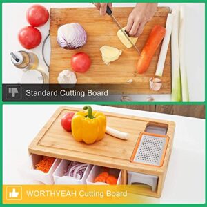 WORTHYEAH Smart Cutting Board - Bamboo Cutting Board with Containers, Wood Cutting Boards with 4 Trays/Storage with Lids & 4 Graters, Food Prep Deck Large Tank Chopping Cutting Boards for Kitchen