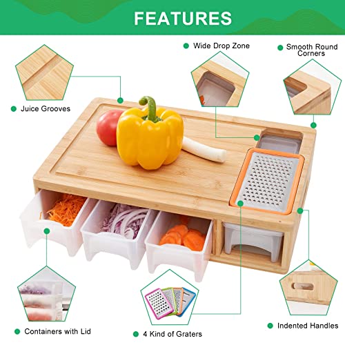 WORTHYEAH Smart Cutting Board - Bamboo Cutting Board with Containers, Wood Cutting Boards with 4 Trays/Storage with Lids & 4 Graters, Food Prep Deck Large Tank Chopping Cutting Boards for Kitchen