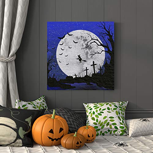 Renditions Gallery Witch and Graveyard Wall Art, Spooky Halloween Decorations, Full Moon, Dark Cemetery, Premium Gallery Wrapped Canvas Decor, Ready to Hang, 32 in H x 32 in W, Made in America Print