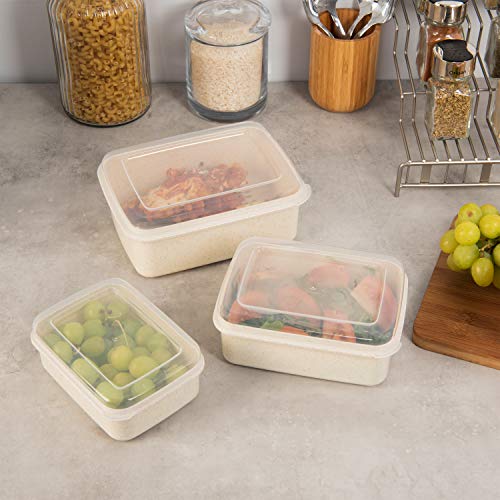 Simplify 6 Piece Set Eco Wheat Plastic Food Storage Containers | Clear Lid | Meal Prep | Leftovers | Kitchen | Lunch | Natural | Rectangular | 3 Sizes