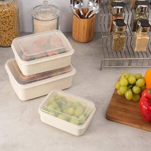 Simplify 6 Piece Set Eco Wheat Plastic Food Storage Containers | Clear Lid | Meal Prep | Leftovers | Kitchen | Lunch | Natural | Rectangular | 3 Sizes