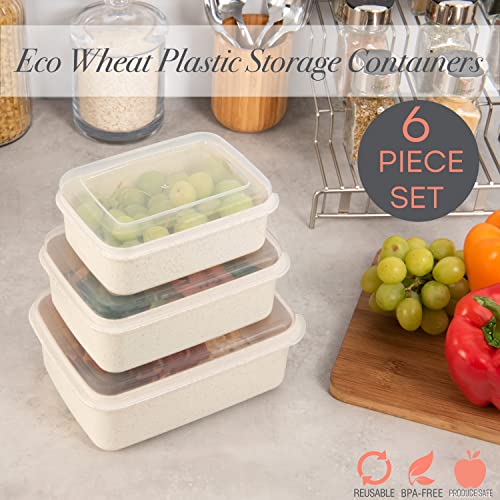 Simplify 6 Piece Set Eco Wheat Plastic Food Storage Containers | Clear Lid | Meal Prep | Leftovers | Kitchen | Lunch | Natural | Rectangular | 3 Sizes