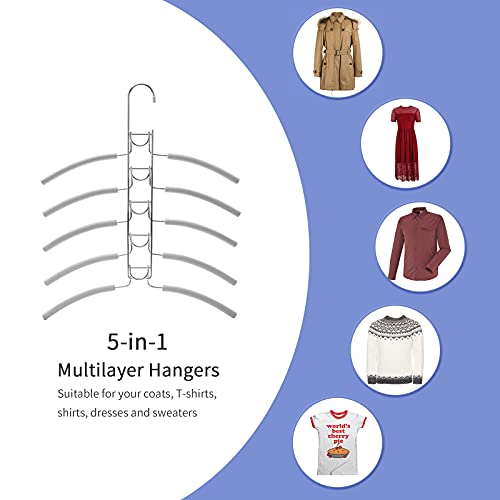 Nature Smile (4 Pack) 5 in 1 Anti Slip Multiple Sweater Coat Hangers,Multi Layers Wardrobe Clothes Rack,Heavy Duty Metal Space Saver Shirt Blouse Hanger Closet Storage Organizer,Light Grey Color