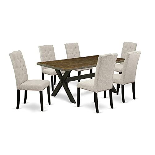 East West Furniture X677EL635-7 7-Piece Dining Table Set - Dining Table Rectangular Top and 6 Parson Dining Chairs Padded Seat and Back (Distressed Espresso & Wire Brushed Black Finish)