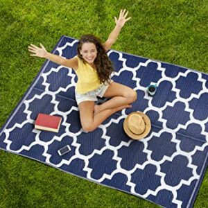 Beverly Rug Trellis Outdoor Rugs 10x13 Waterproof Reversible Plastic Straw Rug Outdoor Carpet, Outside Mat for Patio, Camping, Picnic, Porch, Deck, RV, Beach, Pool, Blue and White