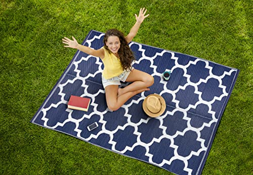 Beverly Rug Trellis Outdoor Rugs 10x13 Waterproof Reversible Plastic Straw Rug Outdoor Carpet, Outside Mat for Patio, Camping, Picnic, Porch, Deck, RV, Beach, Pool, Blue and White