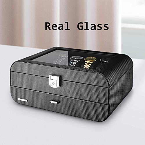 Homde Fathers Day Gifts - Watch Box Arc Display Case Carbon Fiber Jewelry Organizer Luxury Sunglasses Holder with Drawer, Glass Top and Lock for Men Women