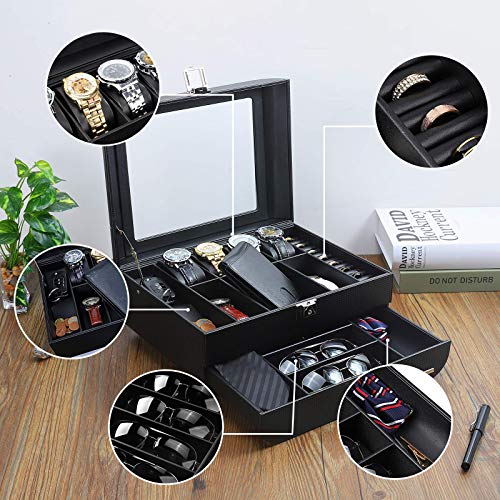 Homde Fathers Day Gifts - Watch Box Arc Display Case Carbon Fiber Jewelry Organizer Luxury Sunglasses Holder with Drawer, Glass Top and Lock for Men Women