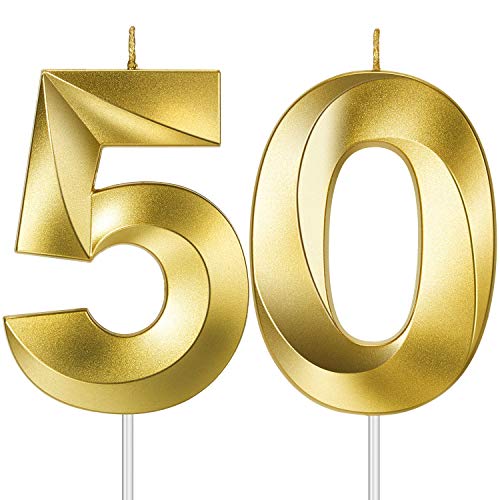 4 Inch 50th Birthday Candles, 3D Diamond Shape Number 50 Candles Cake Topper Numeral Candles Cake Topper for Birthday Anniversary Party Decorations (Bright Gold)