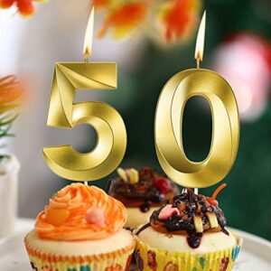 4 Inch 50th Birthday Candles, 3D Diamond Shape Number 50 Candles Cake Topper Numeral Candles Cake Topper for Birthday Anniversary Party Decorations (Bright Gold)