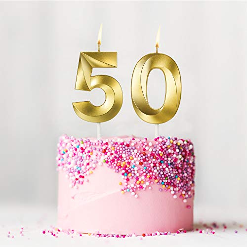 4 Inch 50th Birthday Candles, 3D Diamond Shape Number 50 Candles Cake Topper Numeral Candles Cake Topper for Birthday Anniversary Party Decorations (Bright Gold)