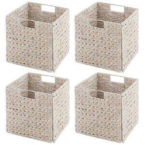 mDesign Natural Woven Hyacinth Cube Storage Bin Basket Organizer with Handles for Kitchen Pantry, Cabinet, Cupboard, Shelf/Cubby Organization, Hold Food, Drinks, Snacks, Appliances, 4 Pack, White Wash