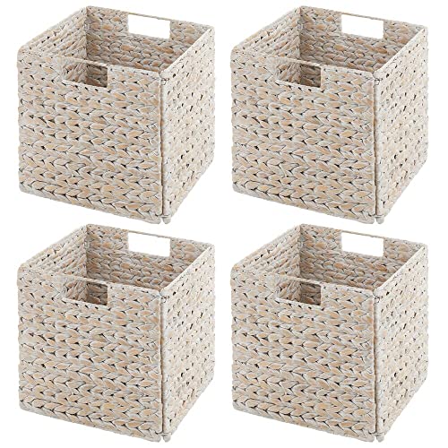 mDesign Natural Woven Hyacinth Cube Storage Bin Basket Organizer with Handles for Kitchen Pantry, Cabinet, Cupboard, Shelf/Cubby Organization, Hold Food, Drinks, Snacks, Appliances, 4 Pack, White Wash