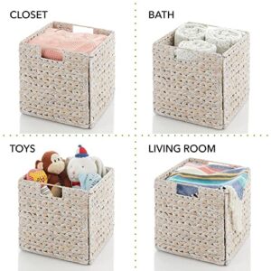 mDesign Natural Woven Hyacinth Cube Storage Bin Basket Organizer with Handles for Kitchen Pantry, Cabinet, Cupboard, Shelf/Cubby Organization, Hold Food, Drinks, Snacks, Appliances, 4 Pack, White Wash