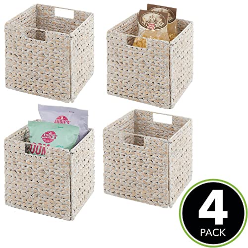 mDesign Natural Woven Hyacinth Cube Storage Bin Basket Organizer with Handles for Kitchen Pantry, Cabinet, Cupboard, Shelf/Cubby Organization, Hold Food, Drinks, Snacks, Appliances, 4 Pack, White Wash