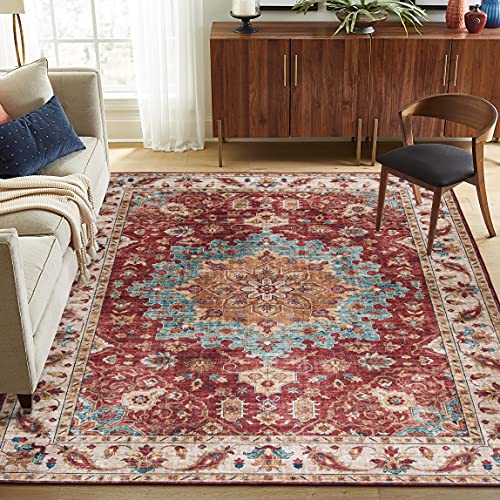 ReaLife Machine Washable Rug - Stain Resistant, Non-Shed - Eco-Friendly, Non-Slip, Family & Pet Friendly - Premium Recycled Fibers - Distressed Vintage Medallion - Brick Red, Blue, Beige, 3' x 5'