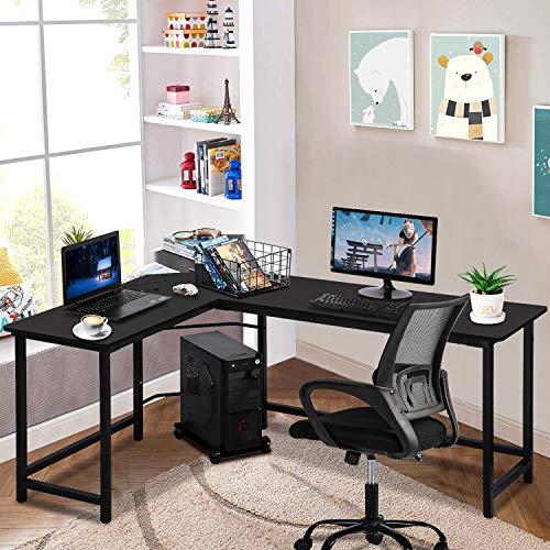 Meetperfect Corner Desk L-Shape Desk Wooden Computer Desk Gaming Table Home Office Desk Office Table Corner Table with Large Monitor Computer Stand, PC Laptop Study Table Workstation, 55"+37", Black