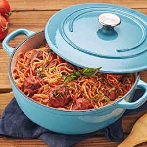 Mirro MIR-19063 4.8 Quart Cast Iron White Enamel Coated Interior Dutch Oven, Teal, Ready to Use