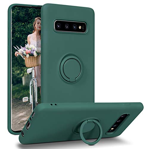 DUEDUE Samsung S10 Case, Liquid Silicone Slim Soft Gel Rubber Cover with Ring Kickstand |Car Mount Function,Shock Absorption Full Body Protective Anti Scratch Case for Samsung S10, Pine Green