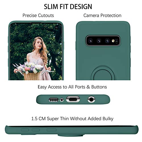 DUEDUE Samsung S10 Case, Liquid Silicone Slim Soft Gel Rubber Cover with Ring Kickstand |Car Mount Function,Shock Absorption Full Body Protective Anti Scratch Case for Samsung S10, Pine Green