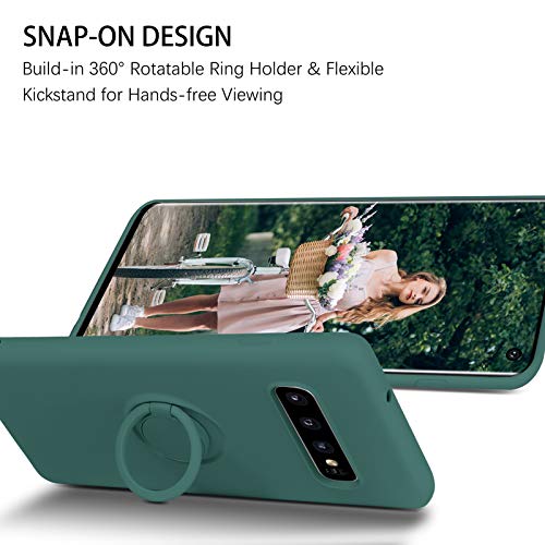 DUEDUE Samsung S10 Case, Liquid Silicone Slim Soft Gel Rubber Cover with Ring Kickstand |Car Mount Function,Shock Absorption Full Body Protective Anti Scratch Case for Samsung S10, Pine Green